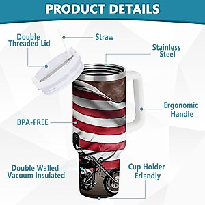 Motorcycle American Flag Vacuum Insulated Tumbler with Handle and Straw Lid for Water, Insulated Tumbler Cups 30 OZ / 0.89 L