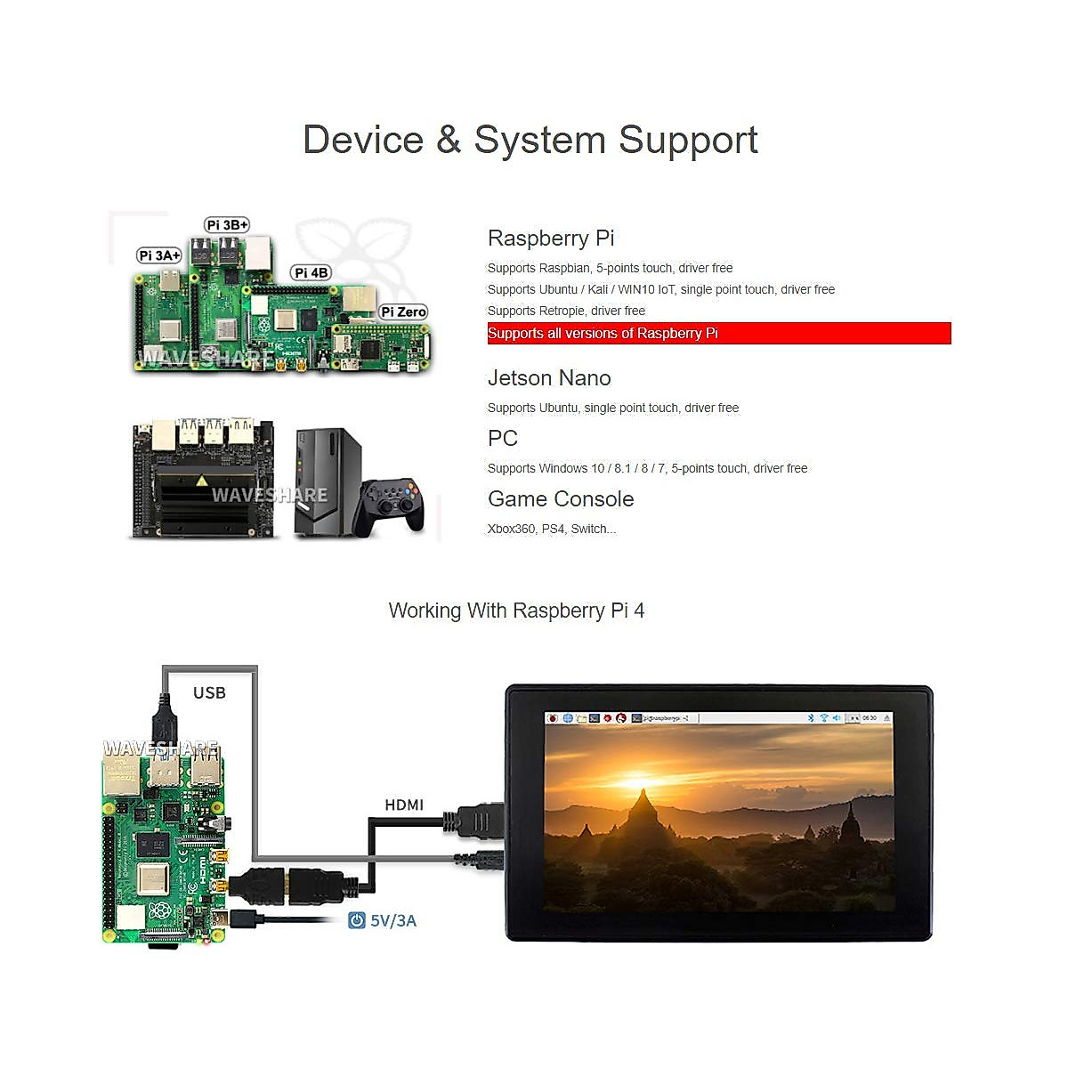 waveshare 7inch HDMI LCD (H) (with case) 1024x600 for Raspberry Pi IPS Display Capacitive Touch Screen Monitor with Toughened Glass Cover Case for Raspberry Pi 4/3/2/1 B B+ A+/Jetson Nano/Windows 10