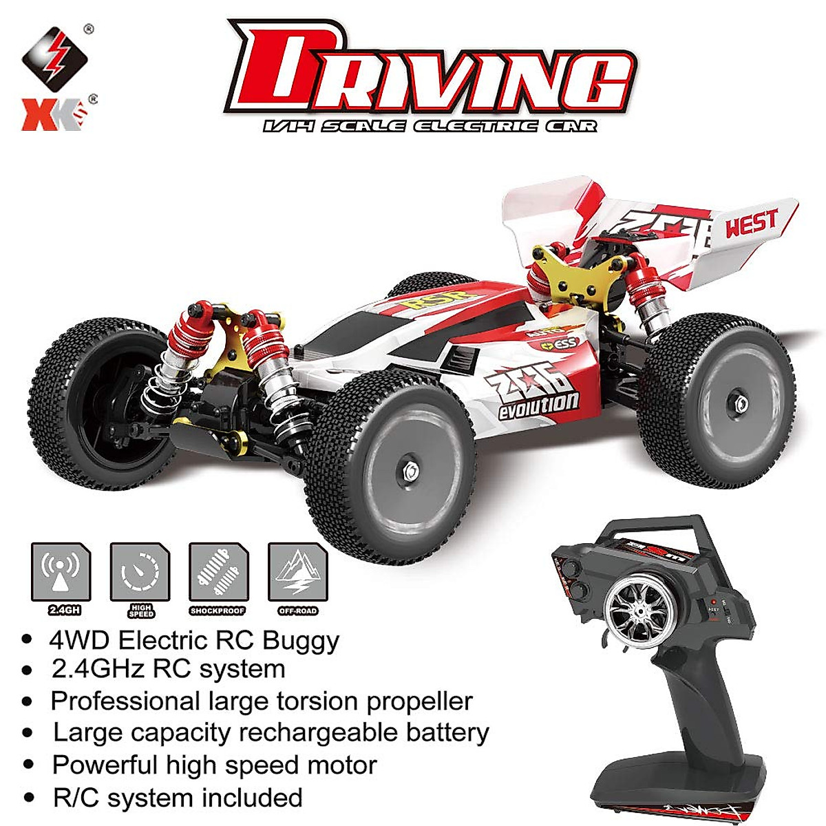 GoolRC WLtoys 144001 RC Car, 4WD 2.4GHz 60km/h High Speed Remote Control Car Off-Road RC Trucks, 1:14 Scale RC Buggy with RTR Aluminum Alloy Chassis 550 Motor Gifts for Adults (Red)