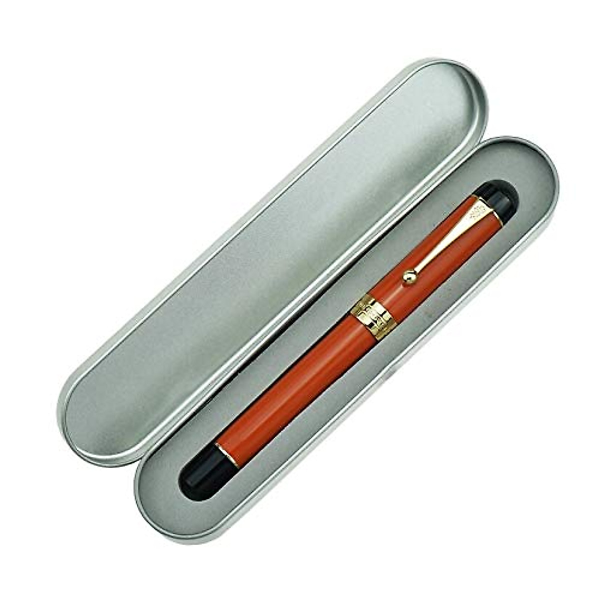 Jinhao Classic Fountain Pen Orange Red Celluloid, Medium Nib with Conveter and Pen Case Set