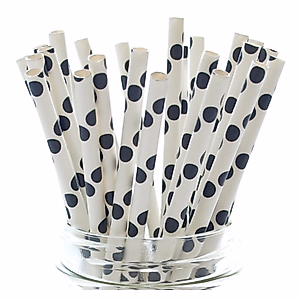 Black Polka Dotted Soda Straws - 25 Pack - Over the Hill Birthday Party Supplies, Graduation & Wedding Paper Straws, Halloween Party Straws, Black Polka Dot Straws