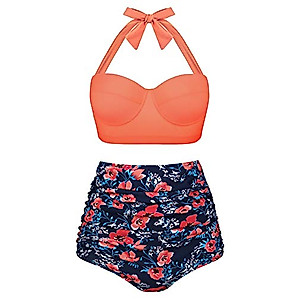 Angerella Orange Slimming Swimsuits for Women Tummy Control Pinup Halter Bikini,2XL