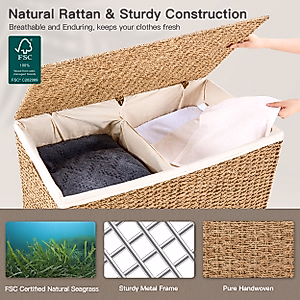 PrimeZone Double Storage Basket With Lid - 160L(42.3 Gallon) Seagrass Woven Rattan Laundry Hamper, Large Foldable Toy Box Blanket Storage Bin Trunk with Removable Liner for Bedroom, Bathoom, Natural