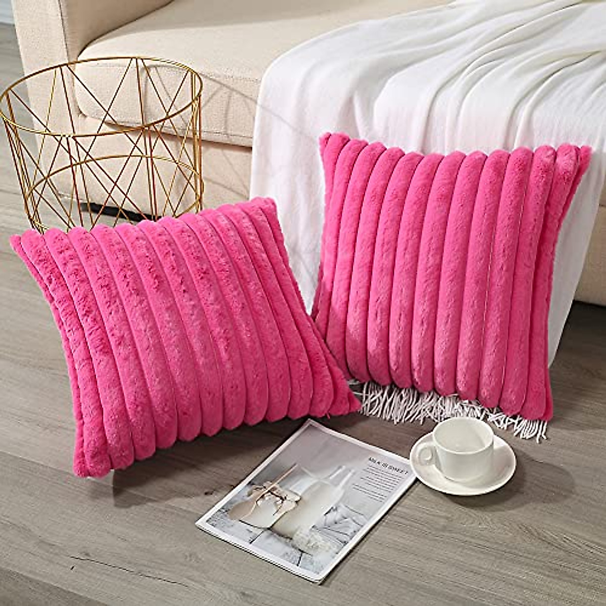 Soleebee Set of 2 Throw Pillow Covers Soft Cozy Velvet Pillowcase Faux Rabbit Fur Cover for Couch Sofa Bed Chair Home Decorative Pillows Cover (18x18 Inch, HOT Pink)