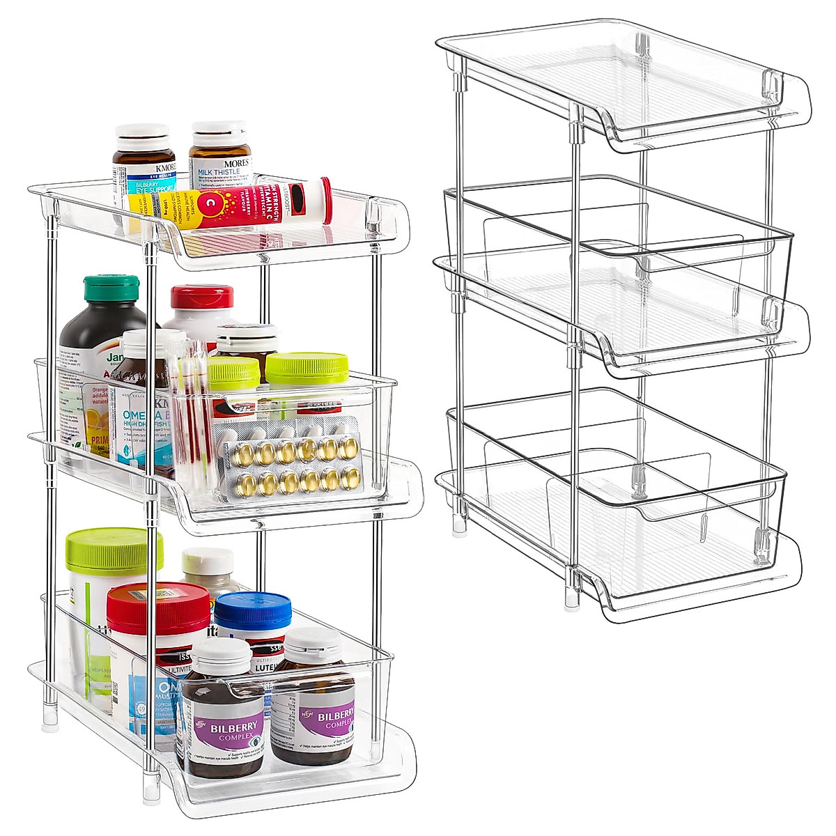 Guzon 2 Set, 3 Tier Pull Out Cabinet Organizer with Dividers, Clear Under Sink Organizer for Bathroom, Kitchen, Pantry, Countertop, Slide Out Medicine Cabinet Organizer