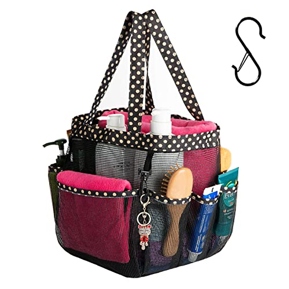 COFSODI Portable Hanging Mesh Shower Caddy - Shower Bag with Key Hook and Windproof Hook, 8 Pockets, Shower Organizer for College, Dorm, Camp, Beach, Swimming, Gym, Travel (Polka Dots)