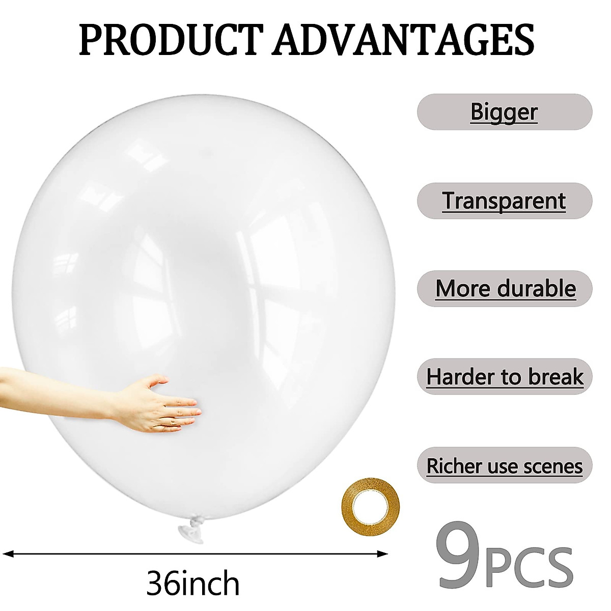 Clear Big 36 Inch Balloons, 9Pcs Clear Giant Big Latex Balloons, Large Balloons for Birthday Wedding Party Decorations.