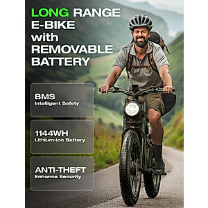 tifgalop Adult Electric Bike, 2000W Motor Maximum Speed 37MPH and 52V 22Ah Detachable Lithium Battery, Maximum Range 80km, 26 Inch Fat Tire Mountain Snow Beach Electric Bike