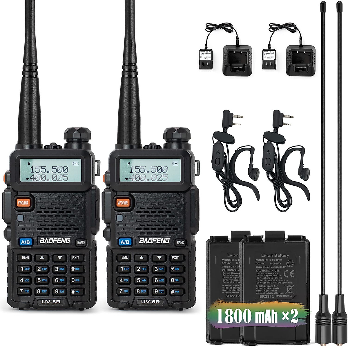 BAOFENG UV-5R Radio (VHF & UHF) with 2 Rechargeable Batteries, Long Range Handheld Ham Radios with High Gain Long Antenna and Earpiece(2 Pack)