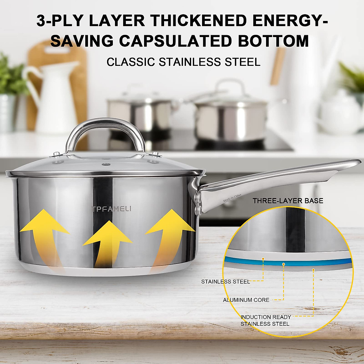 TPFAMELI 1 Quart Saucepan with Lids, Small Saucepan Stainless Steel Tri-Ply Layer Thickened Bottom Sauce Pan Sauce Pot,Dishwasher Safe & Oven Safe (1QT)