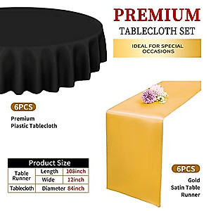 LOKUME 6 Pack Round Plastic Tablecloth 84" Black Disposable Table Covers Waterproof Circle Party Table Cloths for Round Tables and 6 Pack 12"x108" Gold Satin Table Runners for Parties Birthday Picnic
