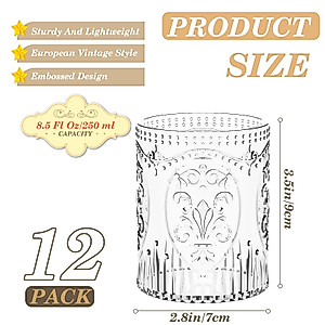 Qinyoung Plastic Vintage Drinking Glasses 8.5oz Stemless Wine Glasses Retro Embossed Wine Glasses Shatterproof Reusable Wine Cups for Baby Shower Wedding Reception Grand Event Party(Clear,12)
