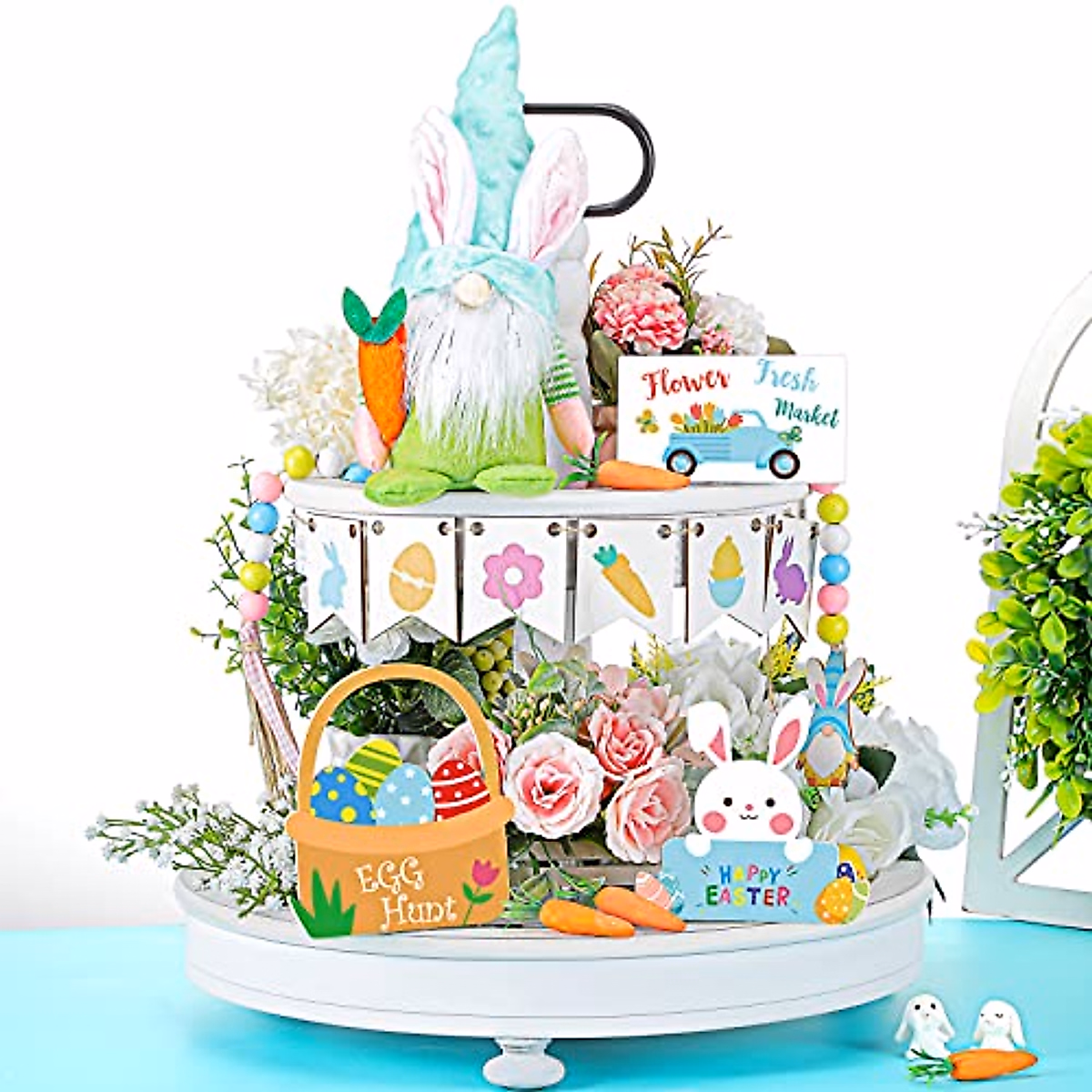 15 Pcs Easter Tiered Tray Decor Easter Bunny Easter Egg Easter Gnomes Plush Doll Table Centerpiece Wooden Signs Farmhouse Happy Spring Decoration for Indoor Home Kitchen Decor