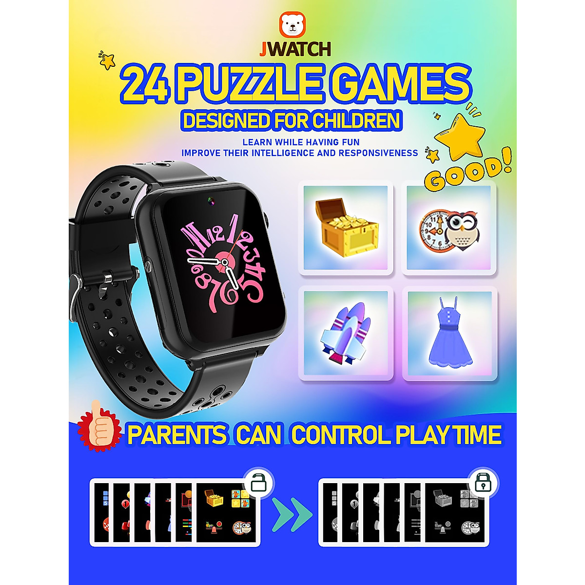 Jwatch Kids Smart Watch Phone Sos with 10 Stories 24 Puzzle Games Pedometer Boys Girls Gift for Birthday Christmas （Black）