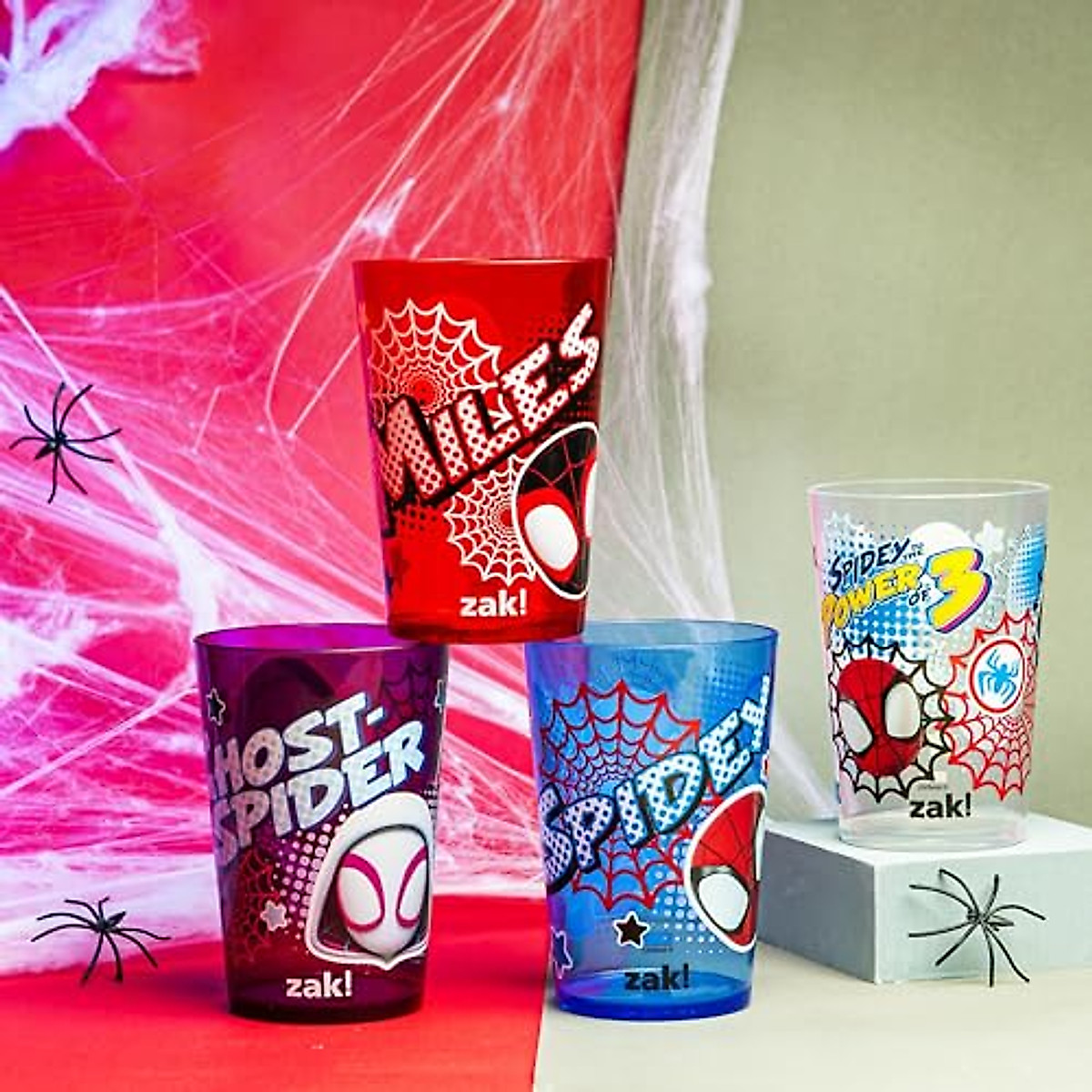 Zak Designs Marvel Spider-Man Nesting Tumbler Set for At Home, 14.5oz Non-BPA Plastic Cups, 4-Pack (Spidey and His Amazing Friends)