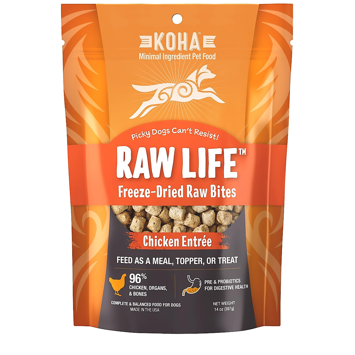 KOHA Raw Life Freeze-Dried Raw Bites Chicken for Dogs, High Protein Meal, Topper, and Treat for Picky Eaters, 14oz Bag