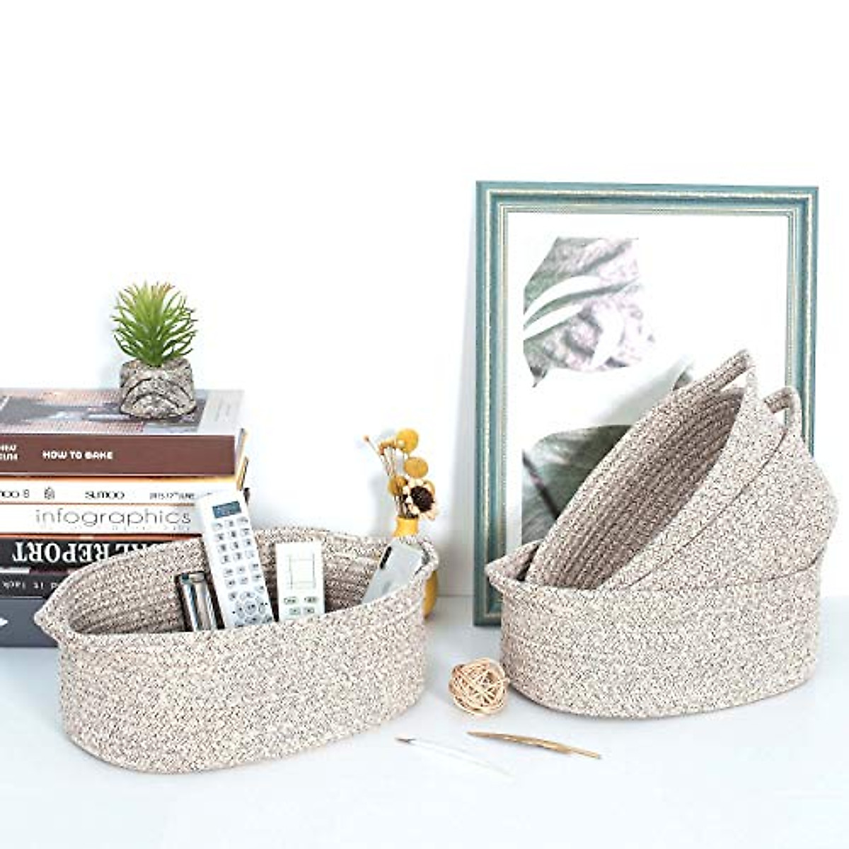 MINTWOOD Design Set of 4 Cotton Rope Nesting Baskets, Decorative Woven Nursery Baskets, Cute Closet Baskets and Bins for Shelves, Table Basket Organizers for Small Accessories, Light Brown
