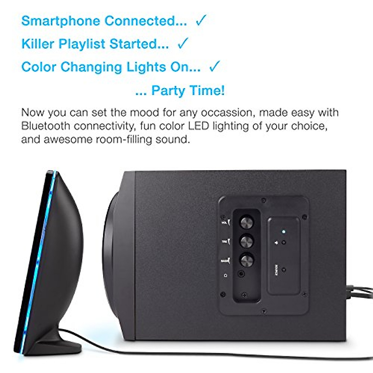 Cyber Acoustics Bluetooth Speakers with LED Lights – The Perfect Gaming, Movie, Party, Multimedia 2.1 Subwoofer Speaker System (CA-SP34BT)