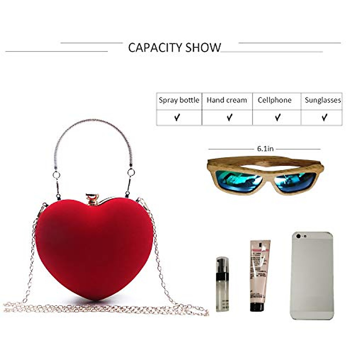 SUKUTU Womens Heart Shape Evening Bag Purse Velvet Party Tote Mini Handbag Clutch Chain Clear Shoulder Bag