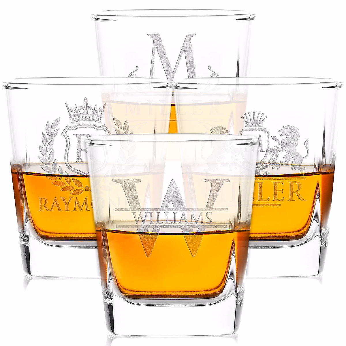 Amazing Items Set of 4 - Whiskey Gifts for Men, Personalized Whiskey Glasses w/Name & Initial - 9 Designs - 9 oz, Limited Edition Monogrammed Rocks Glasses for Whiskey, Dad Gifts