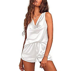 Ekouaer Women's Satin Silk Pajamas Set Cowl Neck Loungewear Comfy Silky Sleepwear Pjs with Pockets White