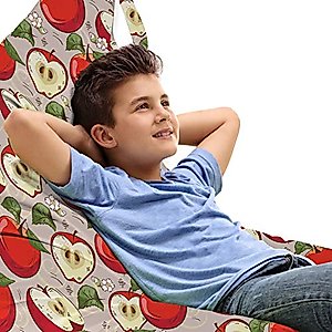 Ambesonne Fruits Lounger Chair Bag, Spring Apple Slices of Flower Leaves Healthy Food Garden Harvest Pattern, High Capacity Storage with Handle Container, Lounger Size, Green Dust Vermilion