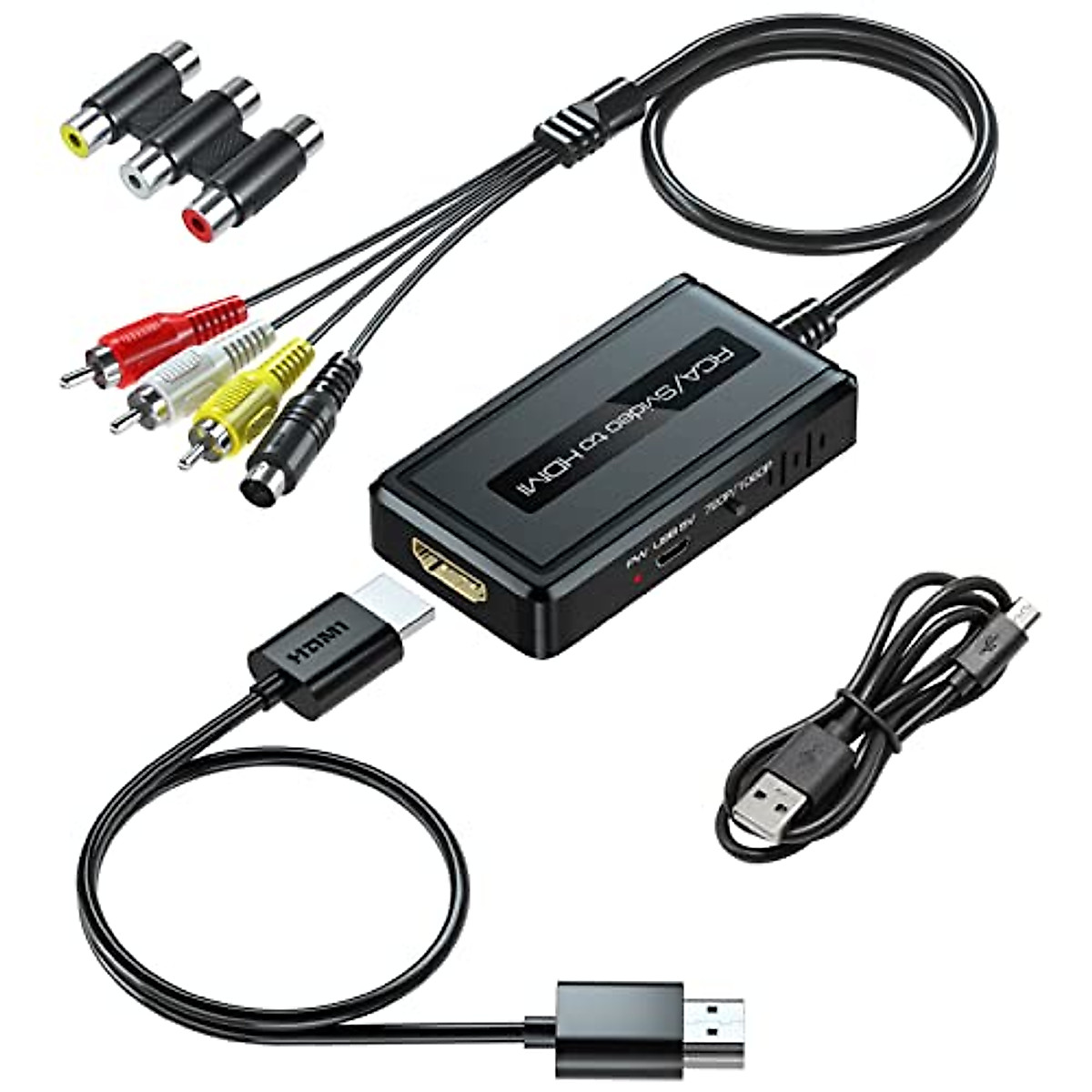 PARUIEN 2 in 1 RCA/S-Video to HDMI Converter with 720P/1080P Ouptut Switch, Svideo to HDMI Converter, Composite AV to HDMI Compatible with VHS/DVD/STB/N64/PS2/Wii