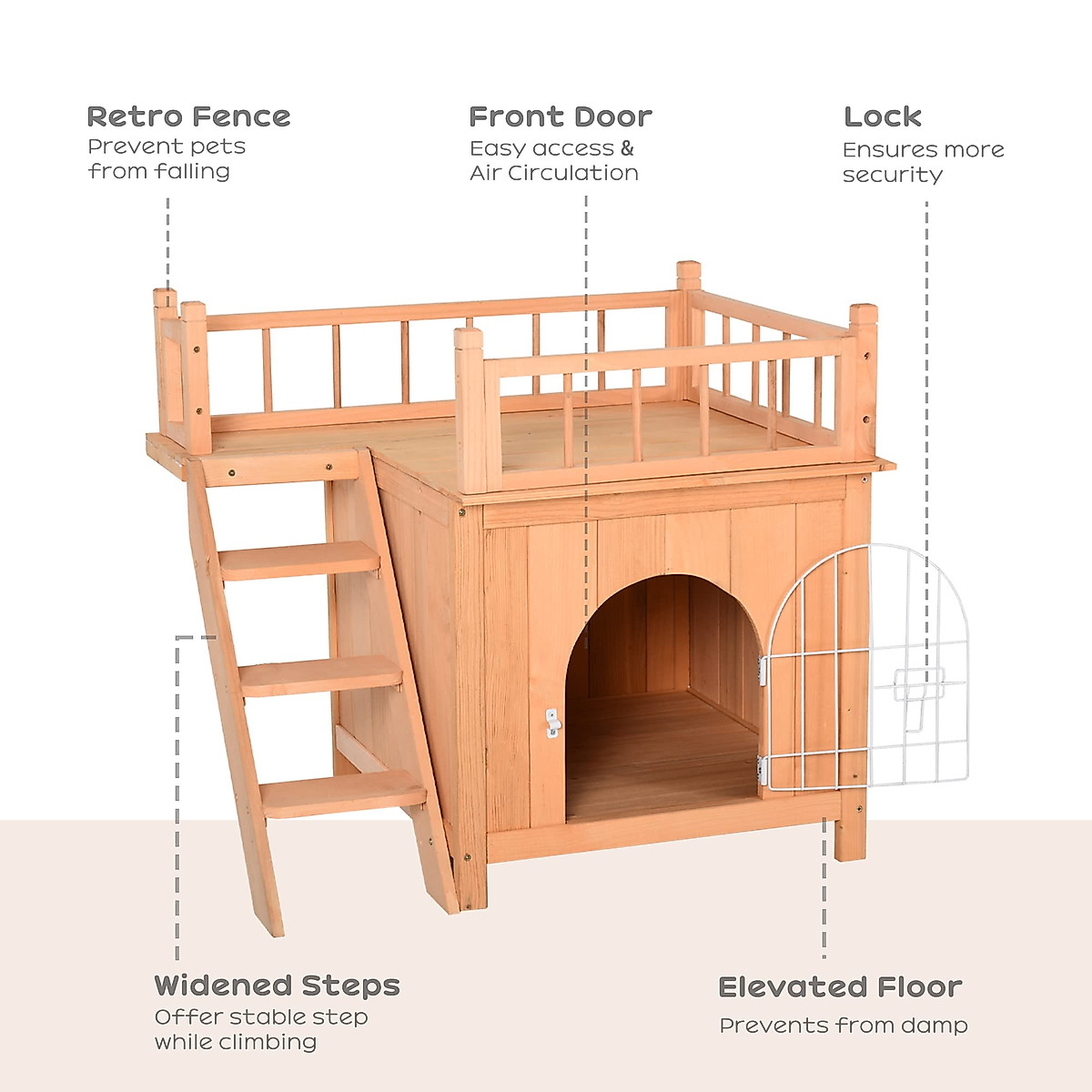 PawHut 2-Level Elevated Waterproof Outdoor Wooden Treehouse Cat Shelter With Balcoy