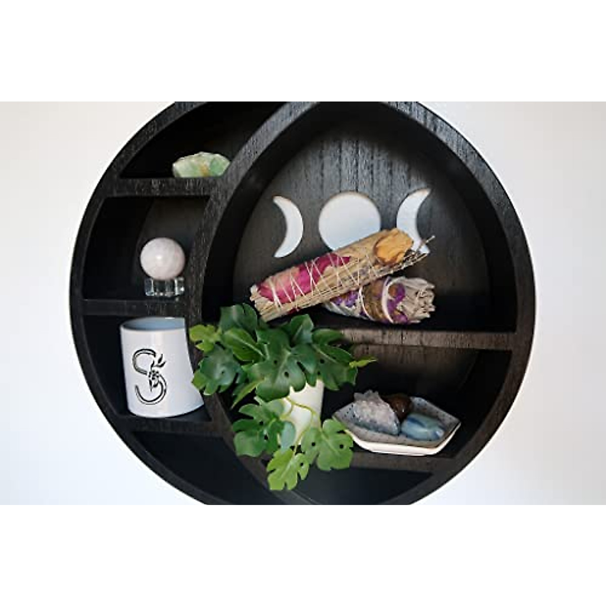 Kanley Crescent Moon Shelf for Crystals Stone, Essential Oil, Small Plant and Art - Wall, Room, and Gothic Witchy Decor - Moon Phase Rustic Boho Shelfs - Wooden Hanging Floating Shelves - (Black)