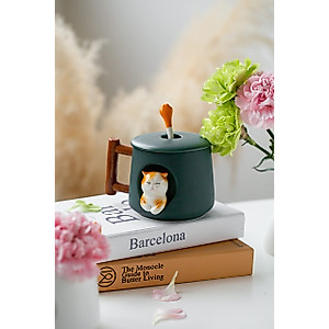 DIHOclub Adorable 3D Ceramic Cat Mug with Lid and Spoon - Perfect for Coffee, Tea, Milk, and More - Ideal Gift for Animal Lovers - 14 Ounces (Green)