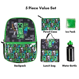 RALME Minécraft Backpack Set with Lunch Box for Boys & Girls, 16 inch, 5 Piece Value Set