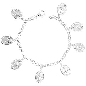 Sterling Silver Miraculous Medal Bracelet for Women 3/4 inch Dangling Charms 7 inches long