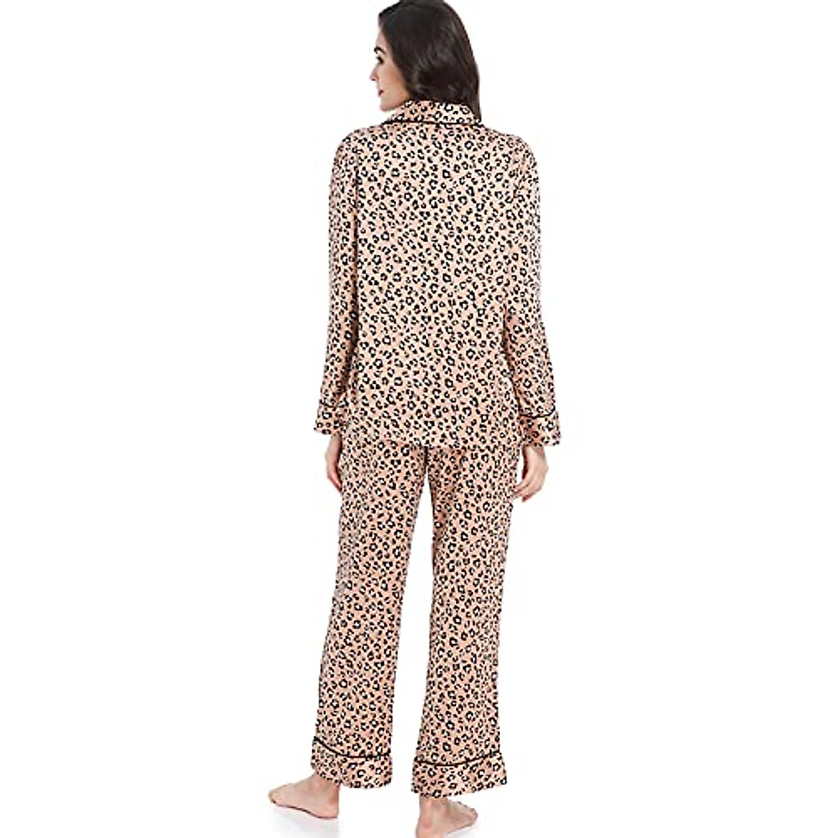 Serenedelicacy Women's Satin Pajama Set 2-Piece Sleepwear Loungewear Long Sleeve Button Down Silky PJ Set (Medium, Tan/Black/Ivory, Leopard)