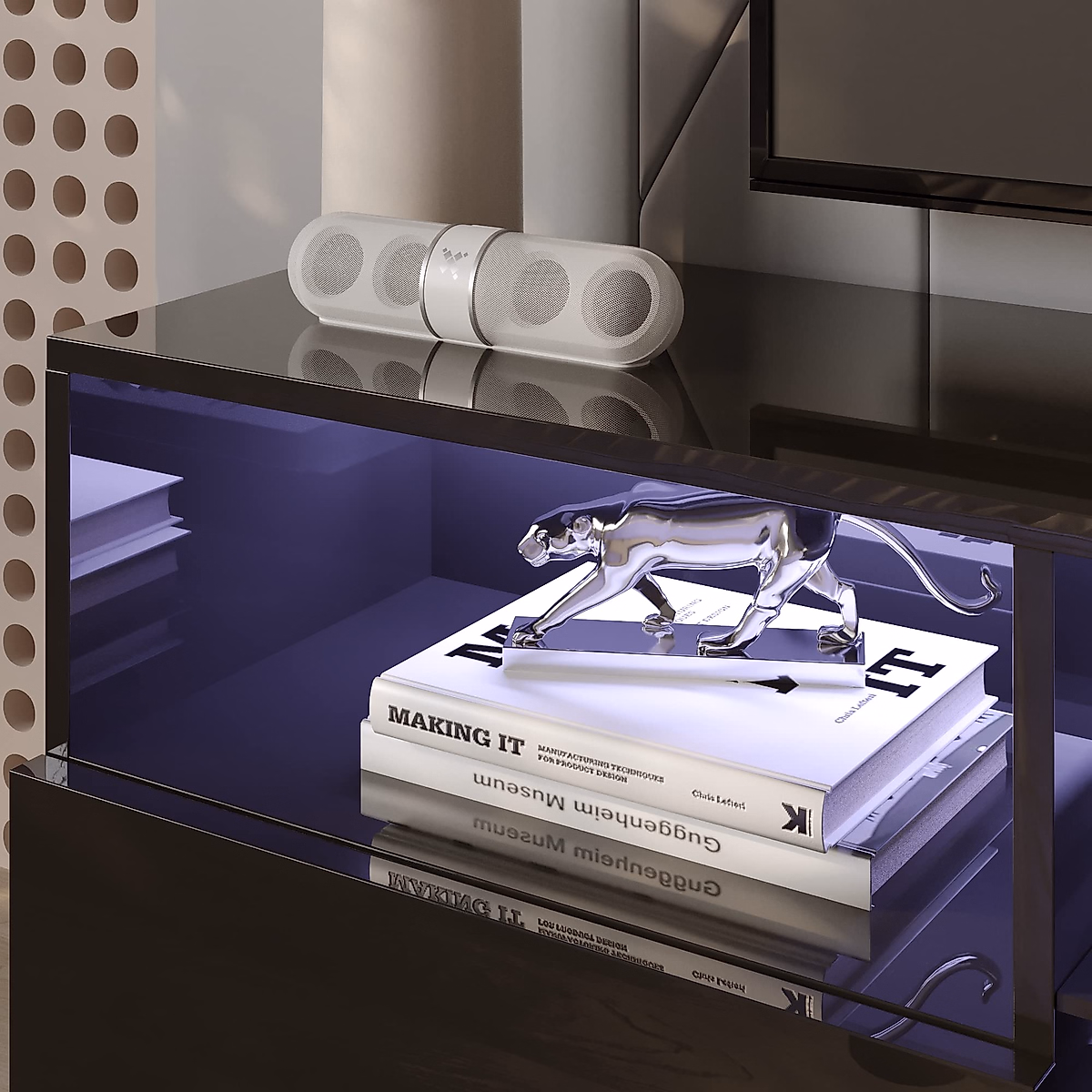 LED TV Stand for 50/55 inch TV, Television Table Center Media Console with Drawer and Led Lights, High Glossy Modern Entertainment Center for Living Game Room Bedroom, Black