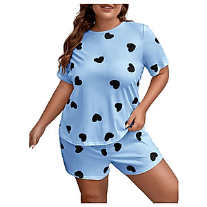 GORGLITTER Women's Plus Size 2 Piece Pajama Set Heart Print Short Sleeve Crewneck Tee with Shorts Pjs Set Light Blue 4X-Large Plus