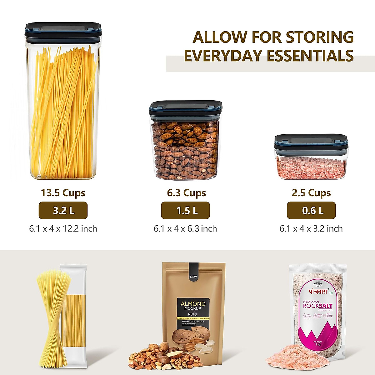 LINKLIFE Flip-Lock Airtight Food Storage Containers 6-PC (0.6 Qt*2+1.6 Qt*3+3.4 Qt),Leakproof Ring Seal Top,Anti-Slip Pantry Canister for Flour Sugar,Coffee,Dog Food Treat,Rectangle Black