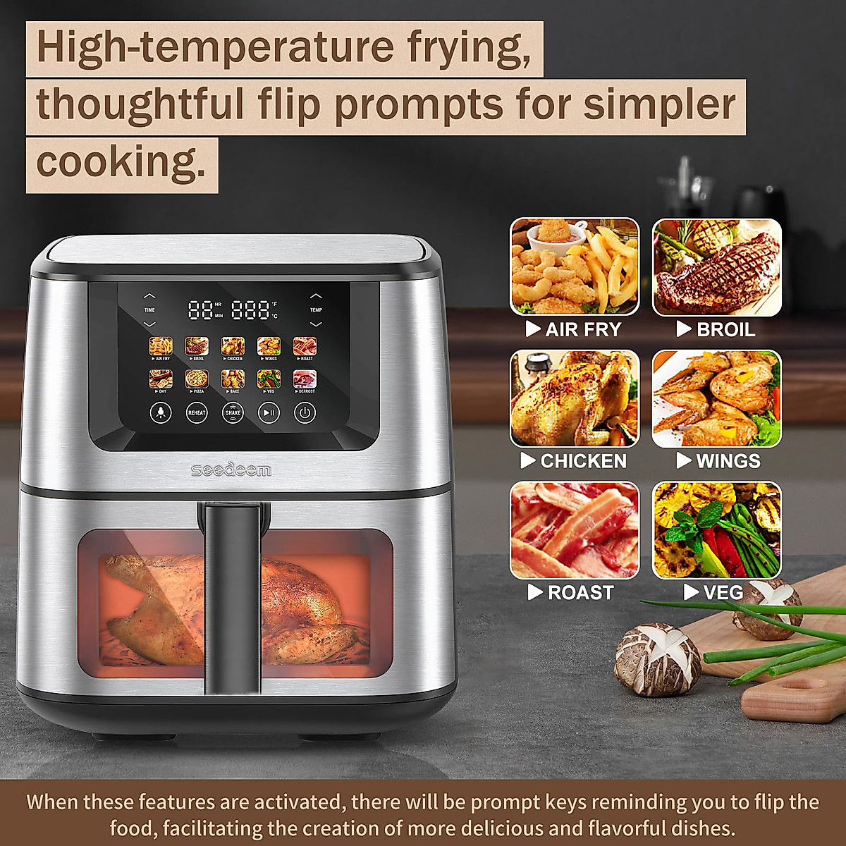 SEEDEEM Max XL Air Fryer, 8 Quart, 10-in-1 Hot Air Fryer Oven with Color LCD Display Touchscreen, Air Fryer Toaster Oven Combo with ClearCook Cooking Window,Broil, Roast, Dehydrate, Bake, Silver