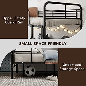 IKIFLY Metal Twin Over Full Bunk Bed, Heavy Duty Bunk Bed Frame with Safety Guard Rail & Ladder, Space-Saving Design/Noise Free/for Kids, Teens & Adults/No Box Spring Needed - Black
