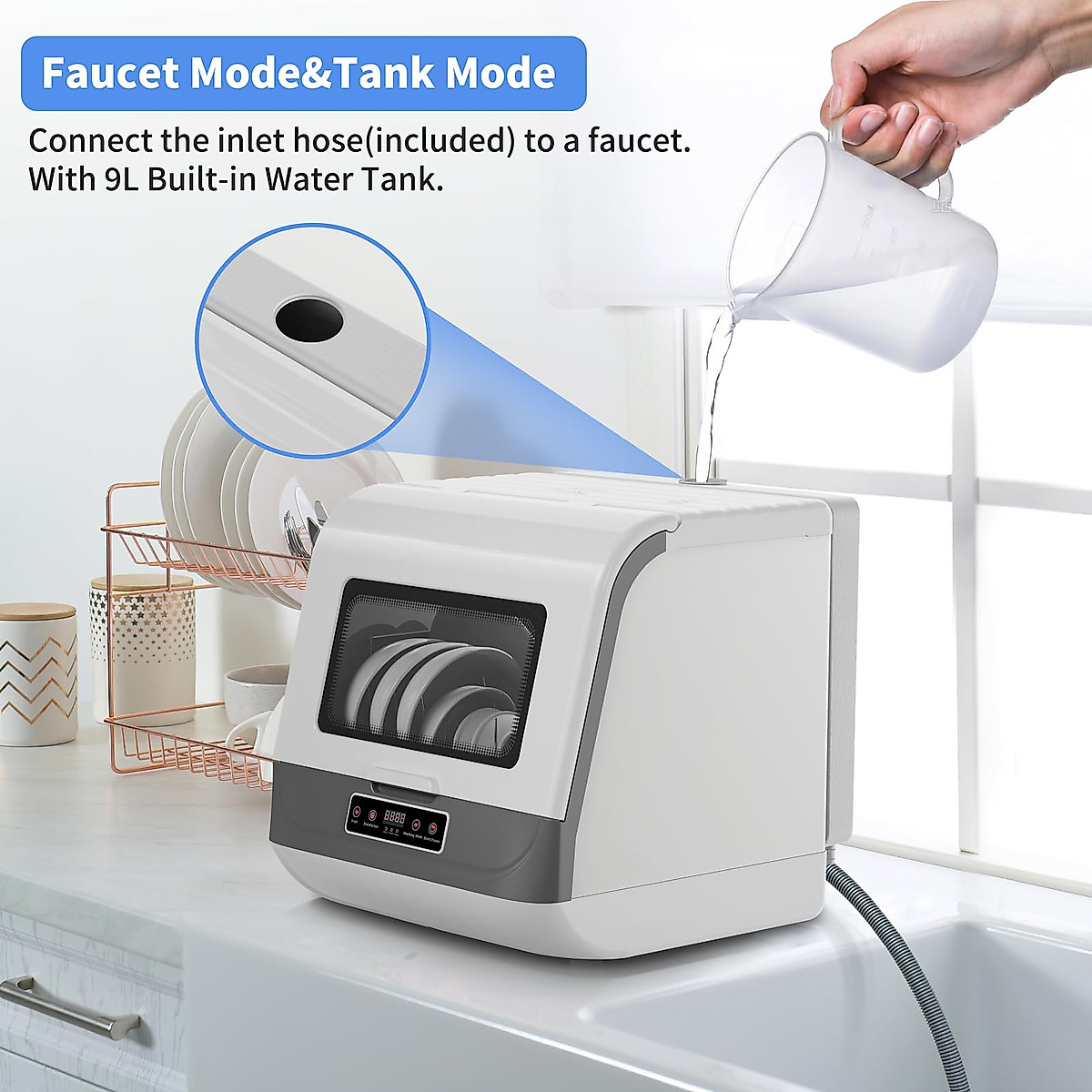 Wsky Countertop Dishwasher, 4 Washing Programs Portable Dishwasher,360° Dual Spray With Disinfection and Residual Temperature Drying Function 9-Liter External Water Tank for Home, Apartments& RVs