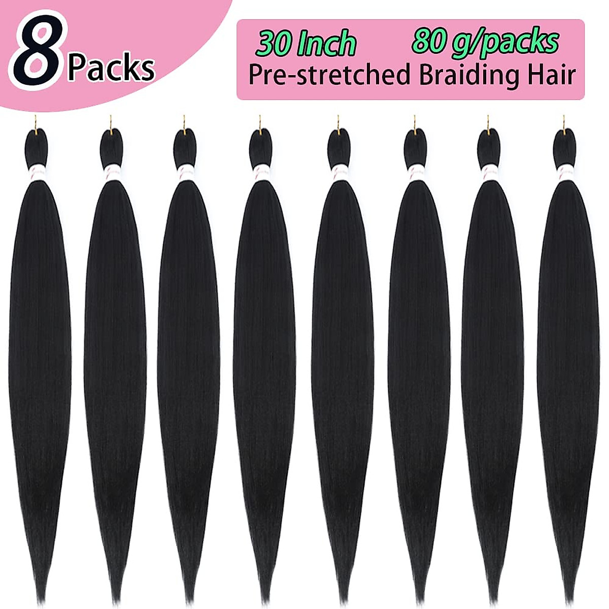 Braiding Hair Pre Stretched Braiding Hair Extensions 30 Inch 8 Packs Long Prestretched Crochet Braids Hair Hot Water Setting Premium Yaki Texture(1B#)