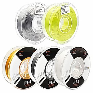 Set of 5 Silk PLA Filament Rolls - More Soft Less Fragile 1.75mm Diameter 2.2 LBS 3D Printing Filament Large Spool for 3D Printers (Black, White, Gold, Silver, Yellow Colors)