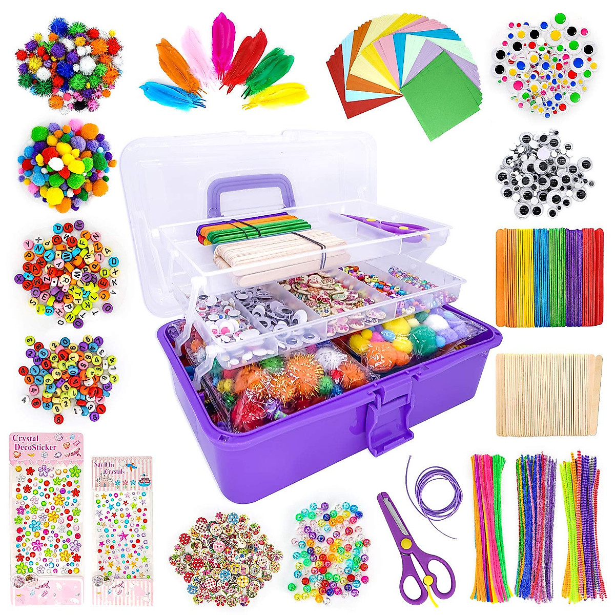1405 Pcs Art and Craft Supplies for Kids, Toddler DIY Craft Art Supply Set Included Pipe Cleaners, Pom Poms, Feather, Folding Storage Box - All in One for Craft DIY Art Supplies (Purple)