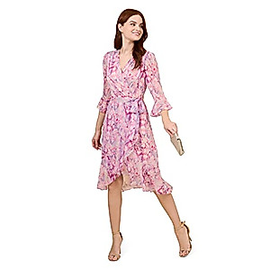 Adrianna Papell Women's Printed Chiffon Short Dress, Pink Multi