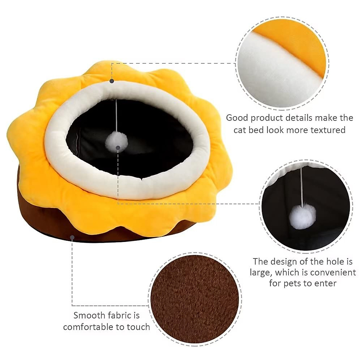 Cat Beds for Indoor Cats - Small Cat Bed with Anti-Slip Bottom, Sunflower-Shaped Cat/Dog Cave with Hanging Toy, Puppy Bed with Removable Cotton Pad, Super Soft Calming, Multiple Sizes(brownM)
