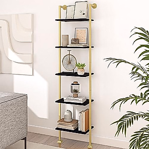 Axeman 5-Tier Ladder Bookcase, Tall Narrow Bookshelf for Small Spaces, Modern Book Storage Organizer Case Open Shelves for Bedroom, Living Room, Office, Library, Gold Metal Frame and Black Shelf
