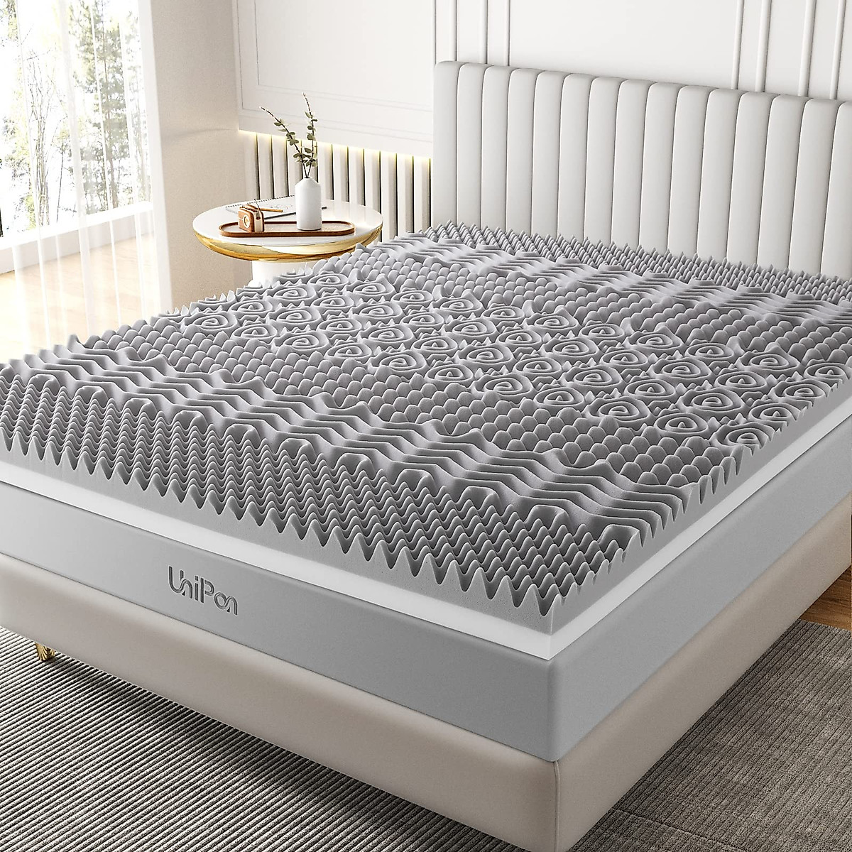 UniPon 4 Inch Egg Crate Memory Foam Mattress Topper, Charcoal Infused Medium Firm Mattress Topper, 7 Zones Foam Bed Topper, CertiPUR-US Certified (Full)