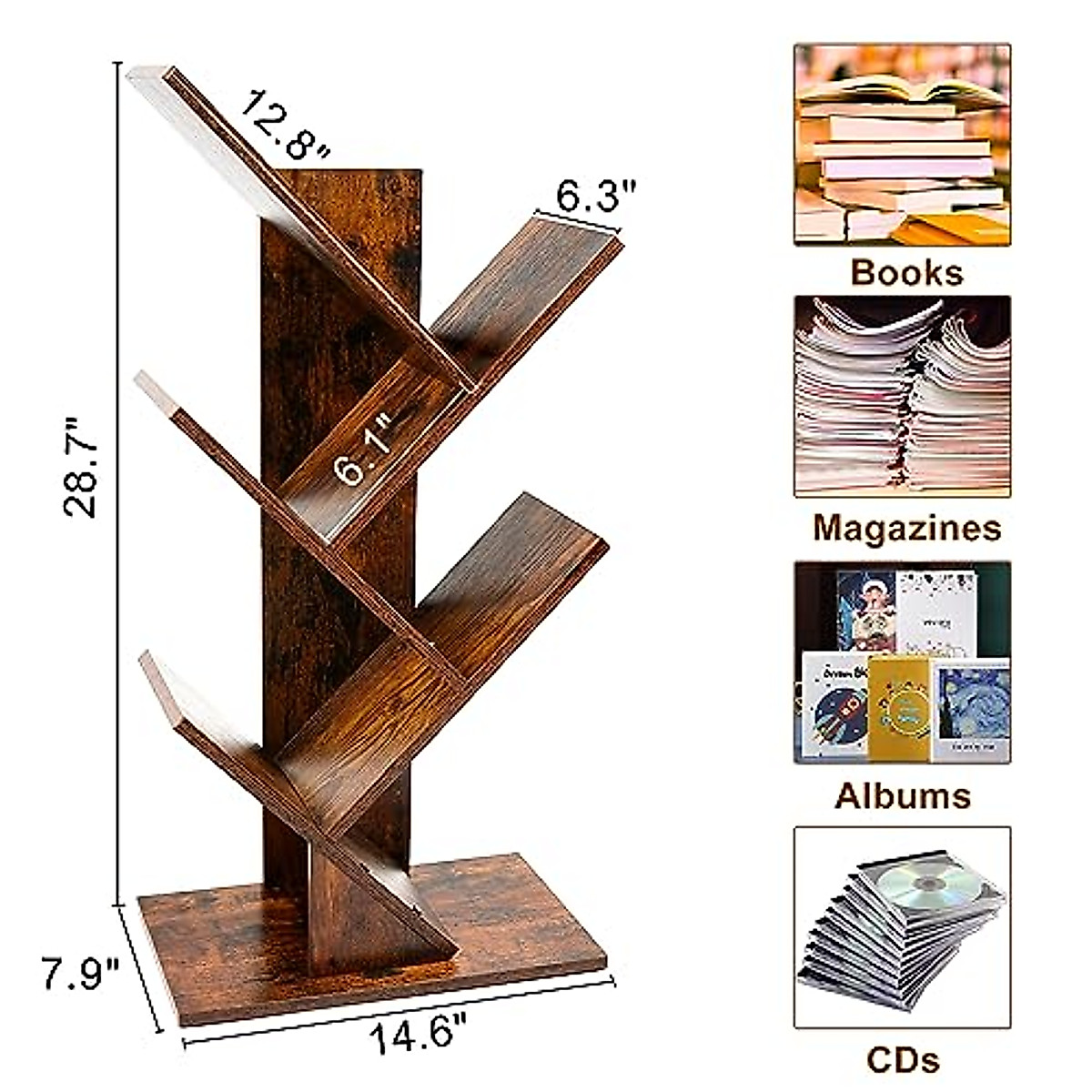 HXXUYY 4 Tier Tree Bookshelf Free Standing Bookcase Rust Brown Storage Book Self for Books,Albums,CDs,Magazines, Wooden Morden Book Storage Rack Display for Office/Livingroom/Bedroom