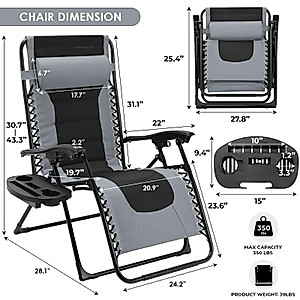 MAMIZO Padded Zero Gravity Chair, Set of 2 Foldable Outdoor Patio Recliner, Anti Gravity Adjustable Lounger w/Removable Pillows and Cup Holder Side Tables, 350 LBS (Grey)