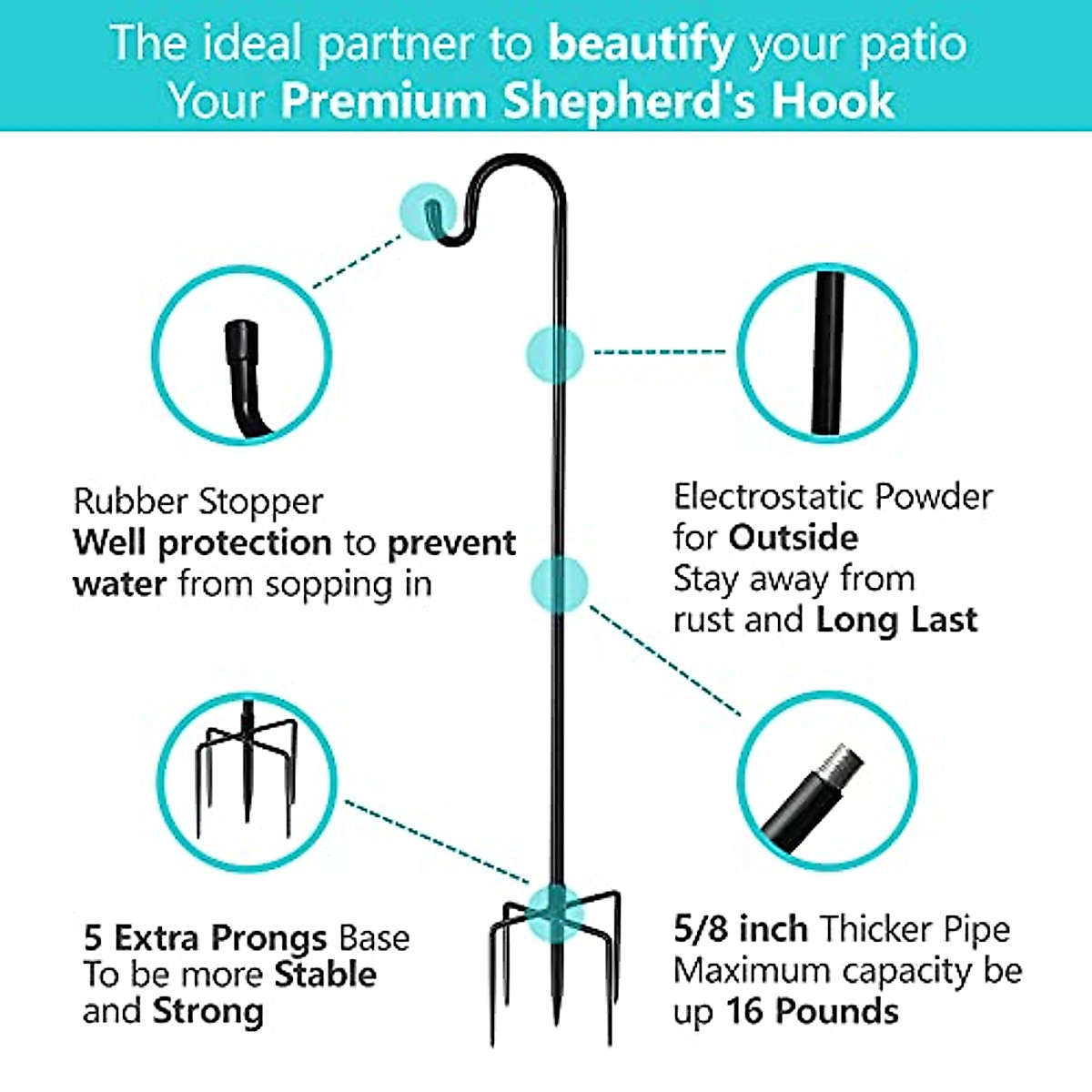 JIER Outdoor Shepherds Hook with 5 Prongs Base,65 Inch Sturdy Hummingbird Feeder Stand, Adjustable Heavy Duty Garden Hanger Hook for Hanging Flower Basket, Solar Light, and Wedding Decor