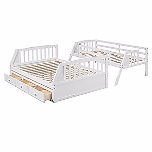 BIADNBZ Twin-Over-Full Bunk Bed with 3 Drawers, Storage Staircase and Ladder, Convertible 2 in 1 Wood Bedframe for Bedroom, Dorm, for Teens, Adults, White